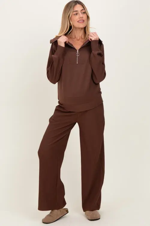 PINKBLUSH Ribbed Half Zip Pullover Wide Leg Pant Set