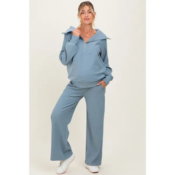 PINKBLUSH Ribbed Half Zip Pullover Wide Leg Pant Set - Light Blue