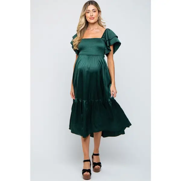 PINKBLUSH Satin Flutter Sleeve Midi Dress - Forest Green