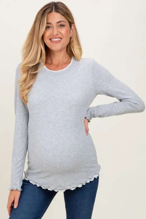 PINKBLUSH Ribbed Long Sleeve Twofer Top - Heather Grey
