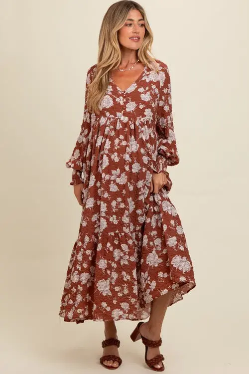 PINKBLUSH Floral Textured Bubble Sleeve Maxi Dress - Rust