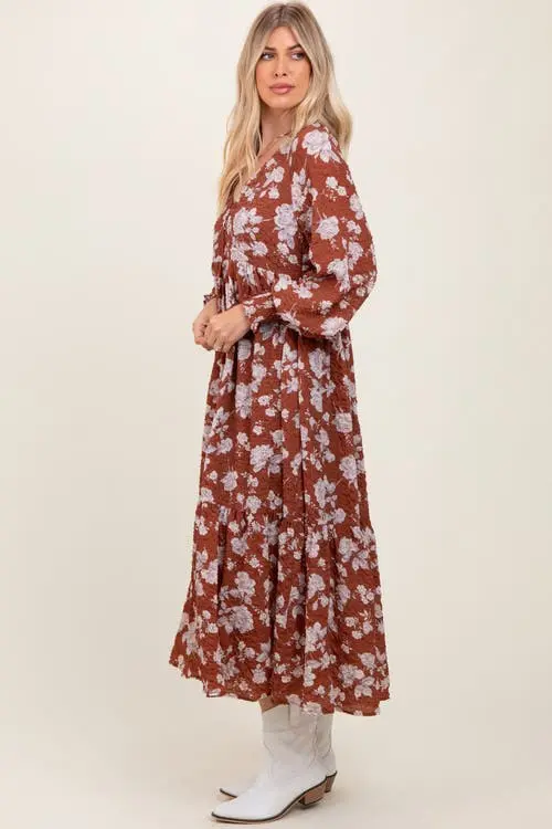 PINKBLUSH Floral Textured Bubble Sleeve Maxi Dress