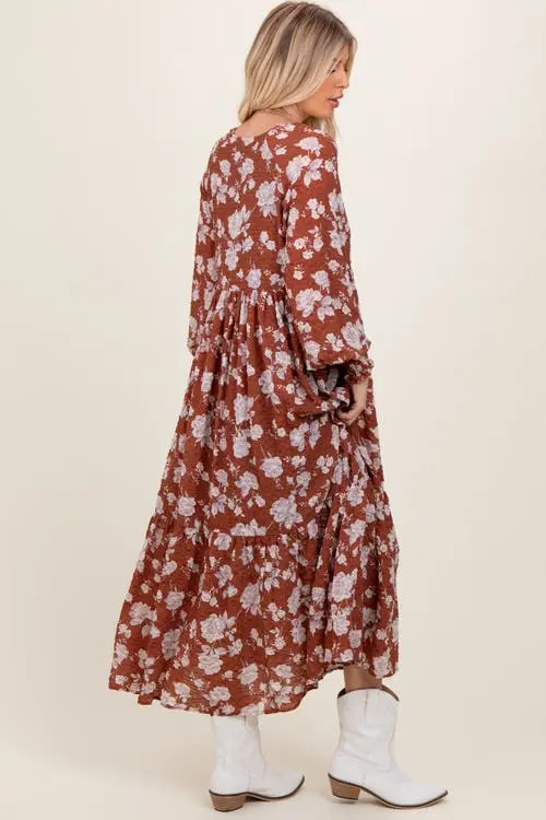 PINKBLUSH Floral Textured Bubble Sleeve Maxi Dress