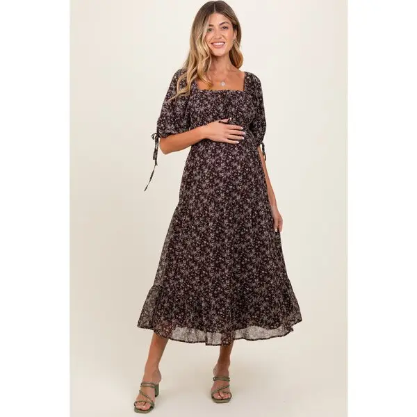 PINKBLUSH Floral Smocked Sleeve Tie Midi Dress - Brown