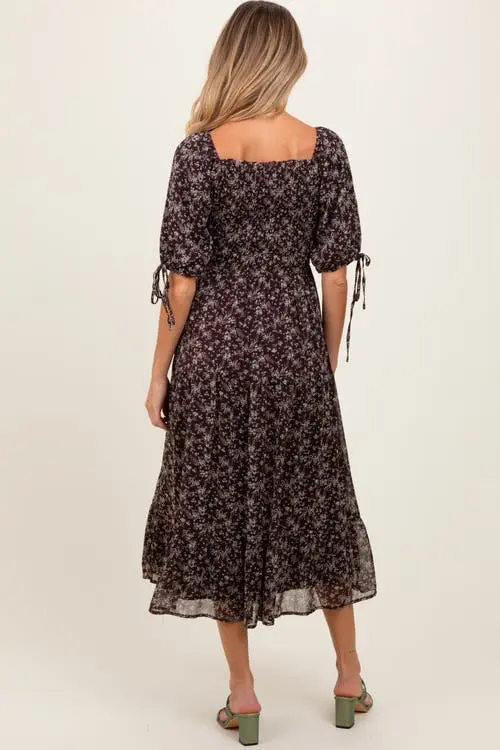PINKBLUSH Floral Smocked Sleeve Tie Midi Dress