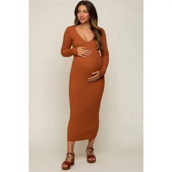 PINKBLUSH V-neck Long Sleeve Fitted Maxi Dress - Camel