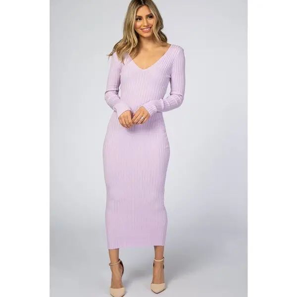 PINKBLUSH V-neck Long Sleeve Fitted Maxi Dress - Lavender