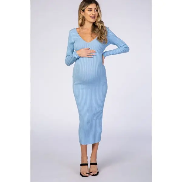 PINKBLUSH V-neck Long Sleeve Fitted Maxi Dress - Light Blue