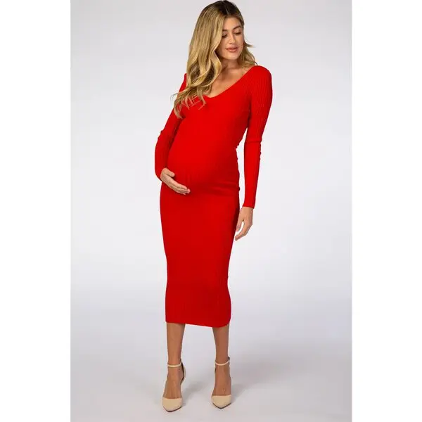 PINKBLUSH V-neck Long Sleeve Fitted Maxi Dress - Red