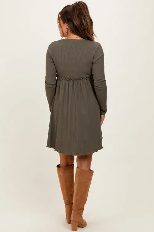 Pinkblush Ribbed Long Sleeve Shirring Mini Dress - Olive Green |  Editorialist