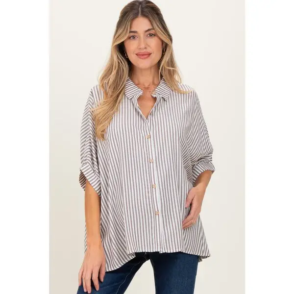 PINKBLUSH Striped Button Up Dolman Top - Brown