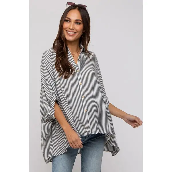 PINKBLUSH Striped Button Up Dolman Top - Charcoal Grey