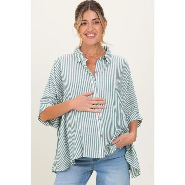 PINKBLUSH Striped Button Up Dolman Top - Forest Green