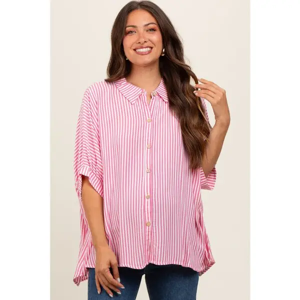 PINKBLUSH Striped Button Up Dolman Top - Fuschia