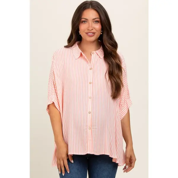 PINKBLUSH Striped Button Up Dolman Top - Peach