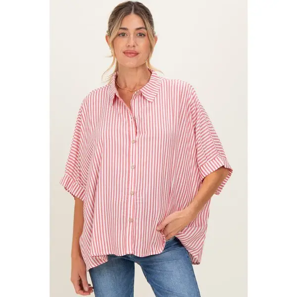 PINKBLUSH Striped Button Up Dolman Top - Red