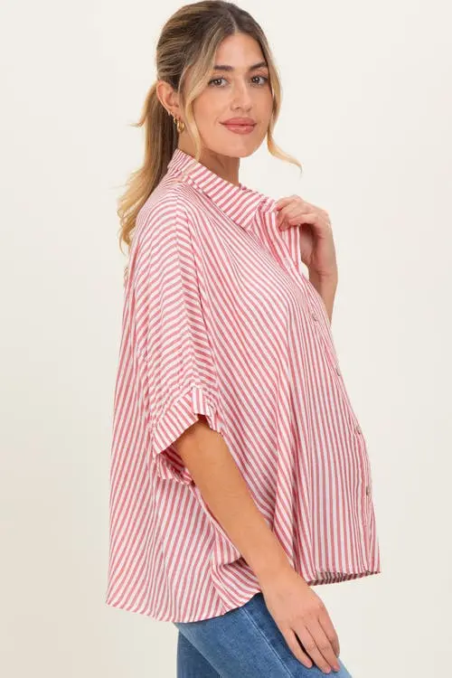 PINKBLUSH Striped Button-up Dolman Top - Red