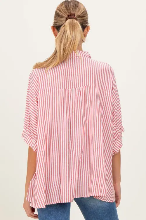 PINKBLUSH Striped Button-up Dolman Top - Red