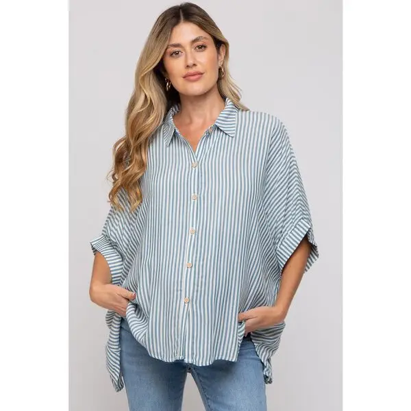 PINKBLUSH Striped Button Up Dolman Top - Teal
