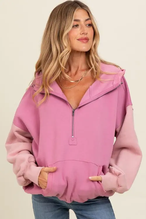PINKBLUSH Colorblock Half Zip Maternity Hoodie - Mauve