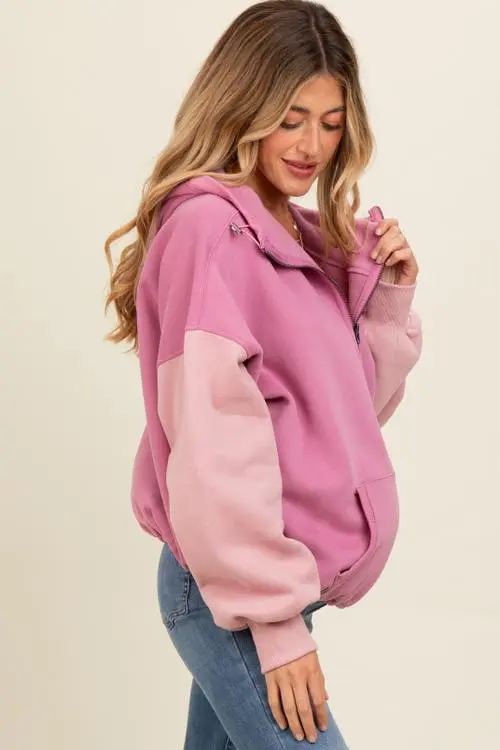 PINKBLUSH Colorblock Half Zip Maternity Hoodie - Mauve