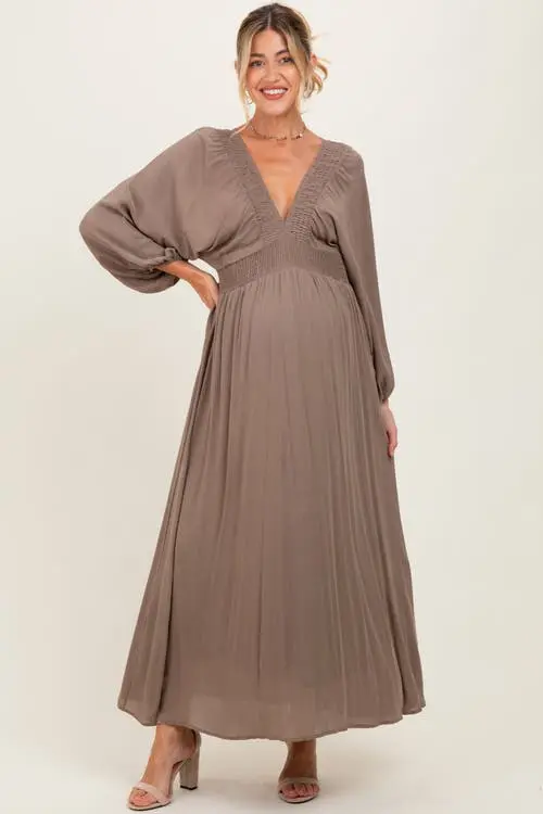 PINKBLUSH Long Sleeve V-neck Smocked Detail Maxi Dress