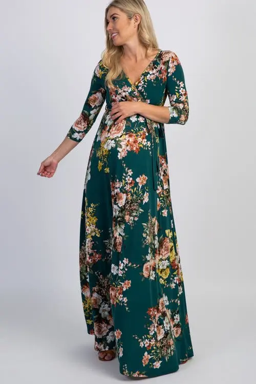 PINKBLUSH Floral Print 3/4 Sleeve Maxi Dress - Teal