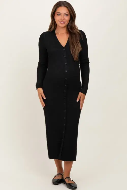PINKBLUSH Ribbed Knit Button Down Long Sleeve Midi Dress - Black