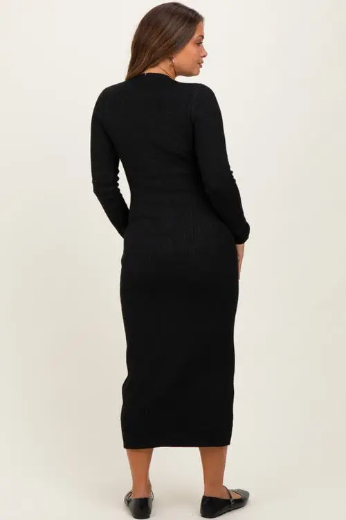 PINKBLUSH Ribbed Knit Button Down Long Sleeve Midi Dress - Black