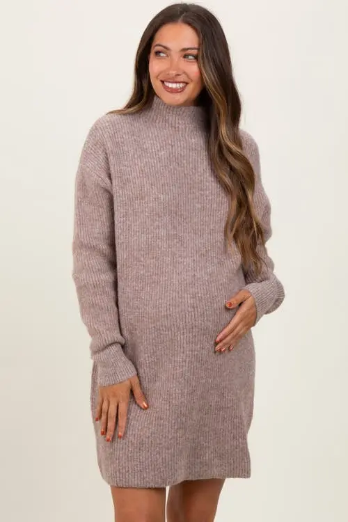 PINKBLUSH Mock Neck Mini Sweater Dress - Mocha