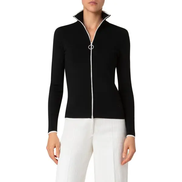 Akris Stretch Virgin Wool Zip Cardigan - Black-cream