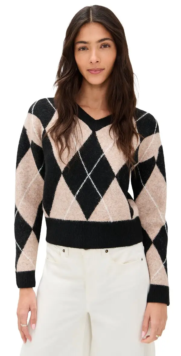 LE BOP Argyle V-neck Pullover Sweater - Oatmeal Combo
