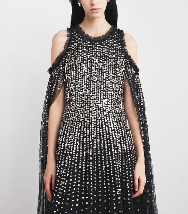 NEEDLE & THREAD Sequin Cape-detail Maxi Dress - Grey