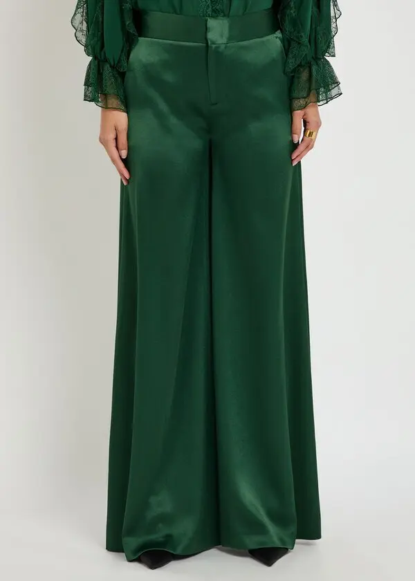 Alice + Olivia Nessi Wide-leg Satin Trousers - Dark Green