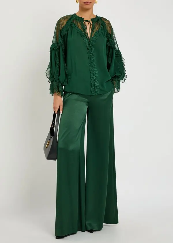 Alice + Olivia Nessi Wide-leg Satin Trousers - Dark Green