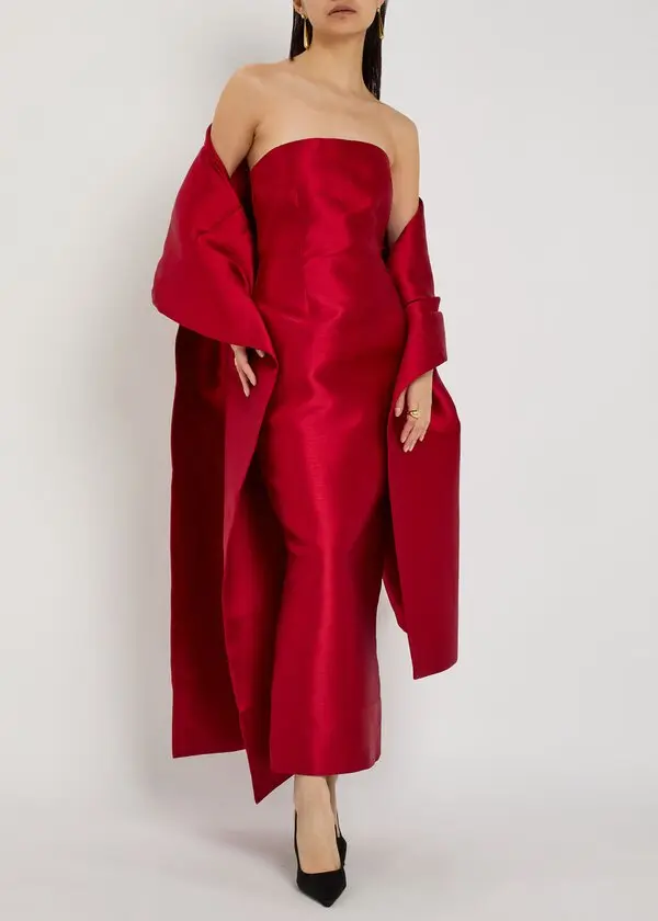Solace London Strapless Faille Maxi Dress With Stole - Red