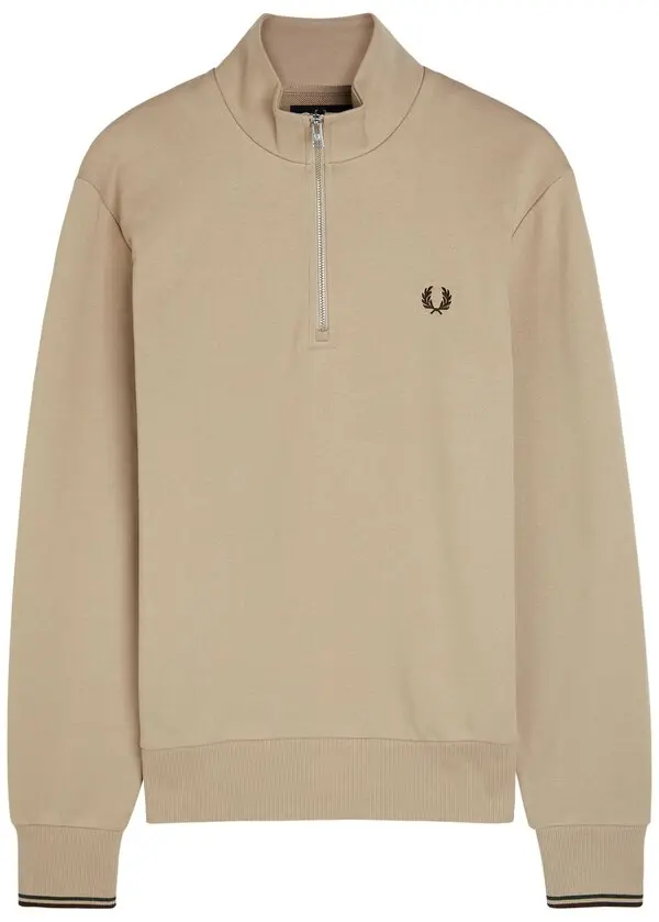 Fred Perry Half-zip Cotton Sweatshirt With Embroidered Logo - Ecru