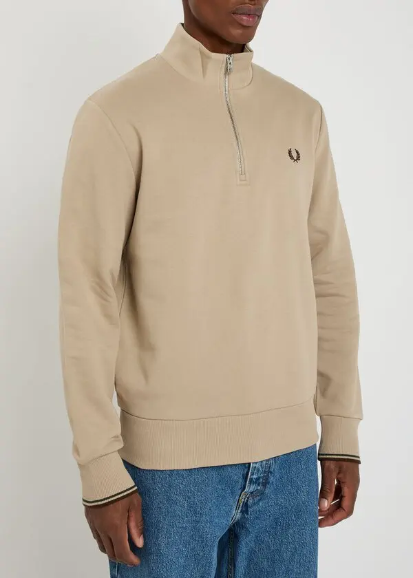 Fred Perry Half-zip Cotton Sweatshirt With Embroidered Logo - Ecru