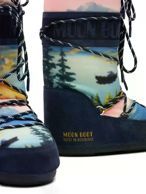 Moon Boot Icon Landscape-print Lace-up Boots - Blue