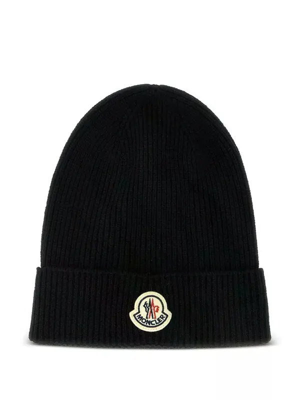 Moncler Ribbed Wool Beanie With Logo Patch - Black