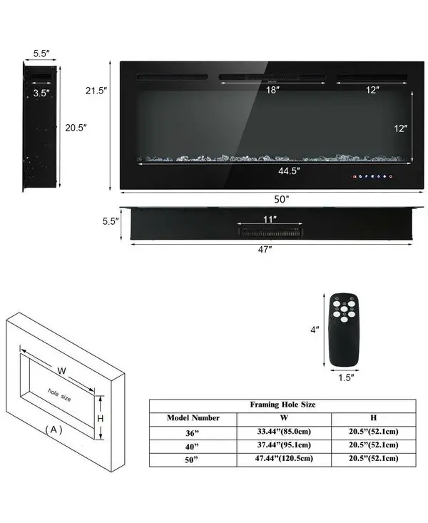SUGIFT 50 Inch Recessed Electric Insert Wall Mounted Fireplace With Adjustable Brightness