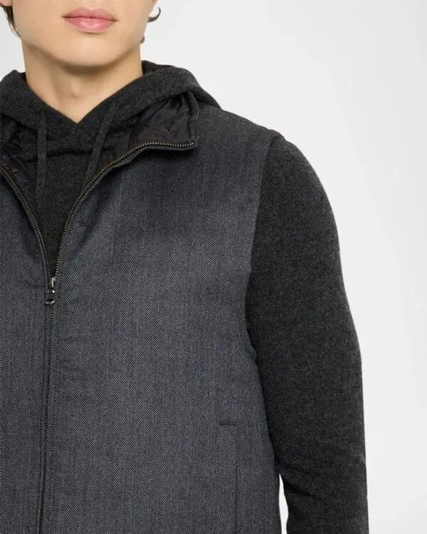 Neiman Marcus Wool Herringbone Full-zip Vest - Medium Grey