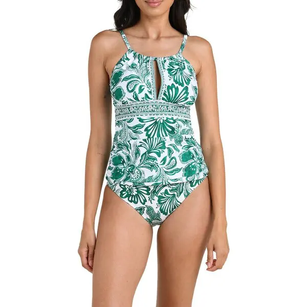 La Blanca Botanical Brocade Keyhole Tankini Top - Jungle