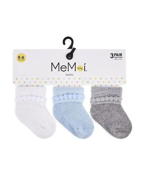 MEMOI Baby Bootie Socks 3-pack - White Blue Gray Heather