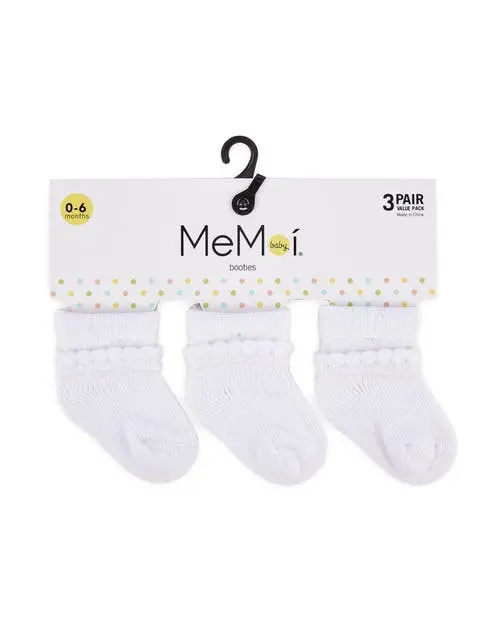 MEMOI Baby Bootie Socks 3-pack - White White White
