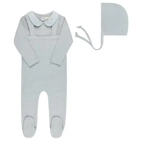 ELY'S & CO. Embroidered Collar Bodysuit, Overalls And Bonnet Set - Blue