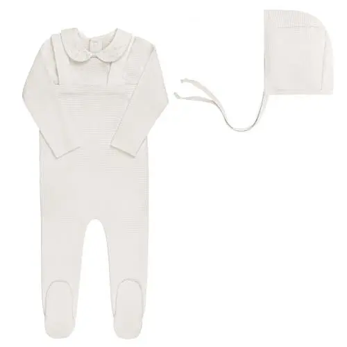 ELY'S & CO. Embroidered Collar Bodysuit, Overalls And Bonnet Set - Ivory Boy
