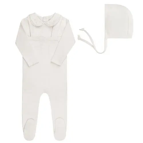 ELY'S & CO. Embroidered Collar Bodysuit, Overalls And Bonnet Set - Ivory Girl