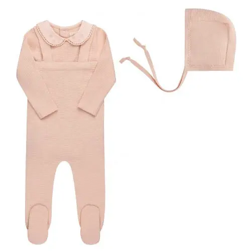 ELY'S & CO. Embroidered Collar Bodysuit, Overalls And Bonnet Set - Pink