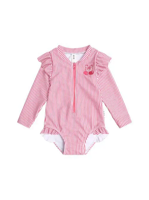 HUXBABY Frill Striped Swimsuit - Cherry